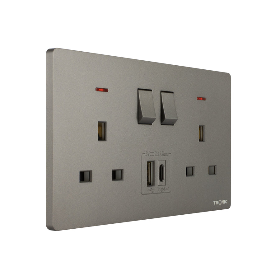 Grey - Twin Switch Socket with USB + Type C – Tronic Kenya