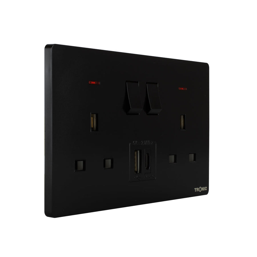 Black - Twin Switch Socket with USB + Type C – Tronic Kenya